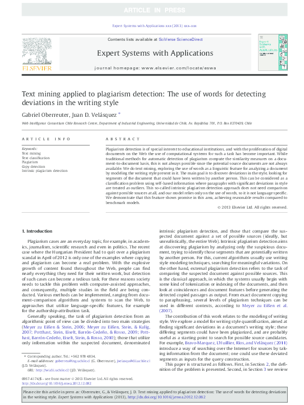 Pdf Text Mining Applied To Plagiarism Detection The Use Of Words For Detecting Deviations In