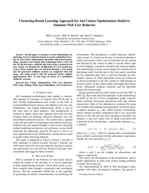Pdf Clustering Based Learning Approach For Ant Colony Optimization Model To Simulate Web User