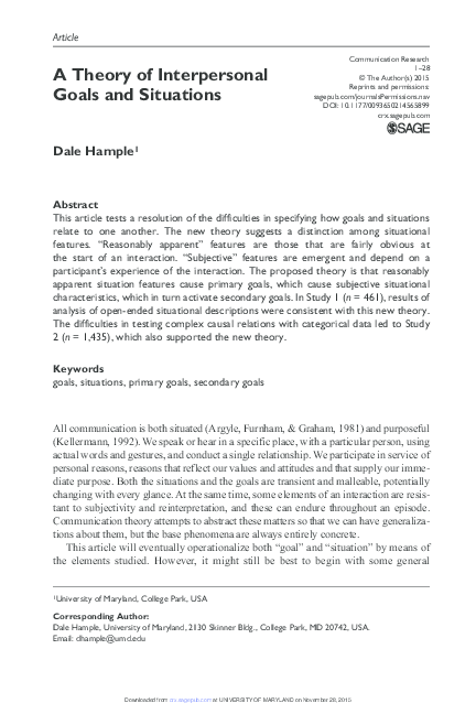 (PDF) A Theory of Interpersonal Goals and Situations (Hample, 2015)