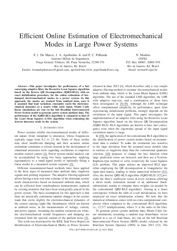 (PDF) Efficient online estimation of electromechanical modes in large power systems