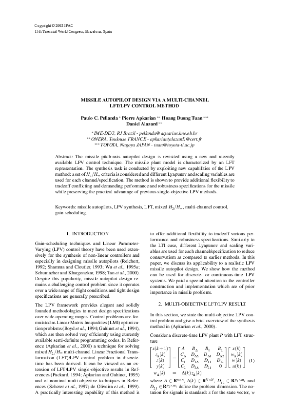 (PDF) Missile autopilot design via a multi-channel LFT/LPV control method | P. Apkarian and ...