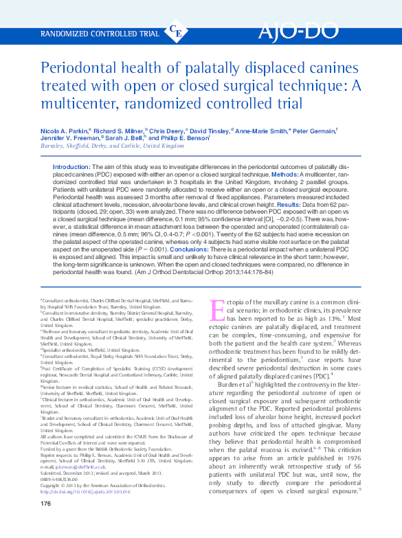 (PDF) Periodontal health of palatally displaced canines treated with open or closed surgical ...