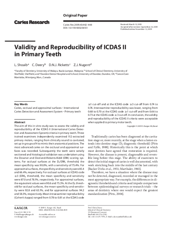 (PDF) Validity and Reproducibility of ICDAS II in Primary Teeth
