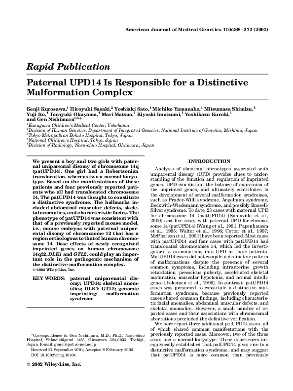 (PDF) Paternal UPD14 is responsible for a distinctive malformation ...