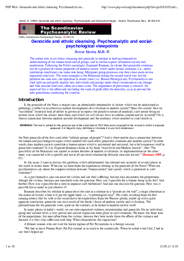 (PDF) Genocide and ethnic cleansing. Psychoanalytic and social ...