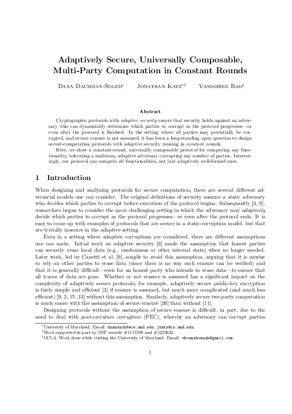 (PDF) Adaptively Secure, Universally Composable, Multi-Party Computation in Constant Rounds