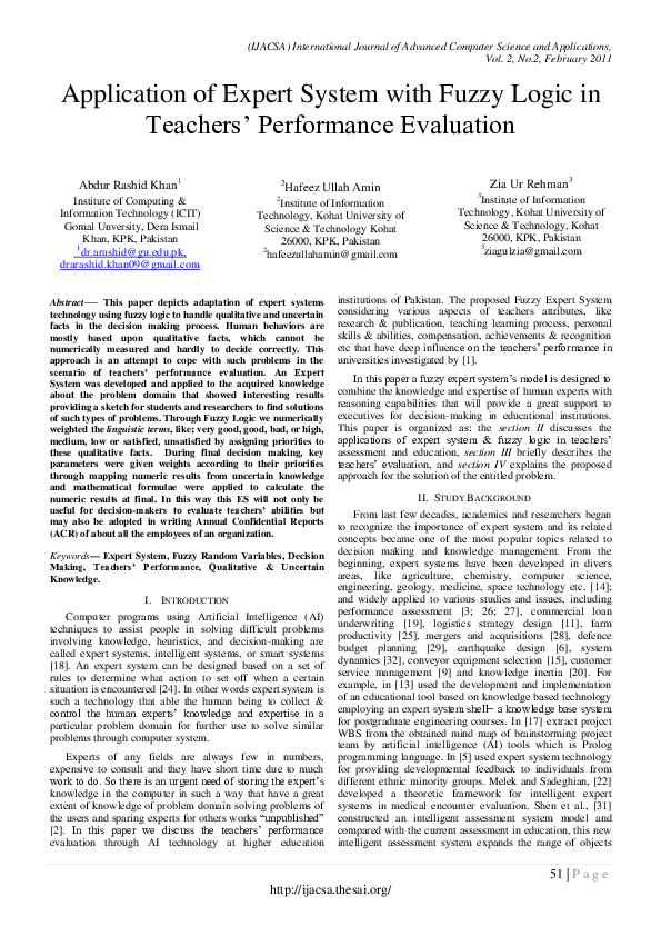 (PDF) Application of Expert System with Fuzzy Logic in Teachers’ Performance Evaluation