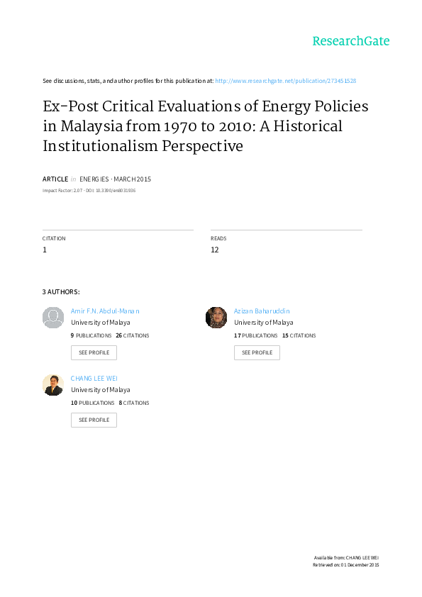 (PDF) Ex-Post Critical Evaluations of Energy Policies in Malaysia from 1970 to 2010: A ...