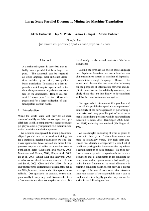 (PDF) Large scale parallel document mining for machine translation | Jakob Uszkoreit, Ashok ...