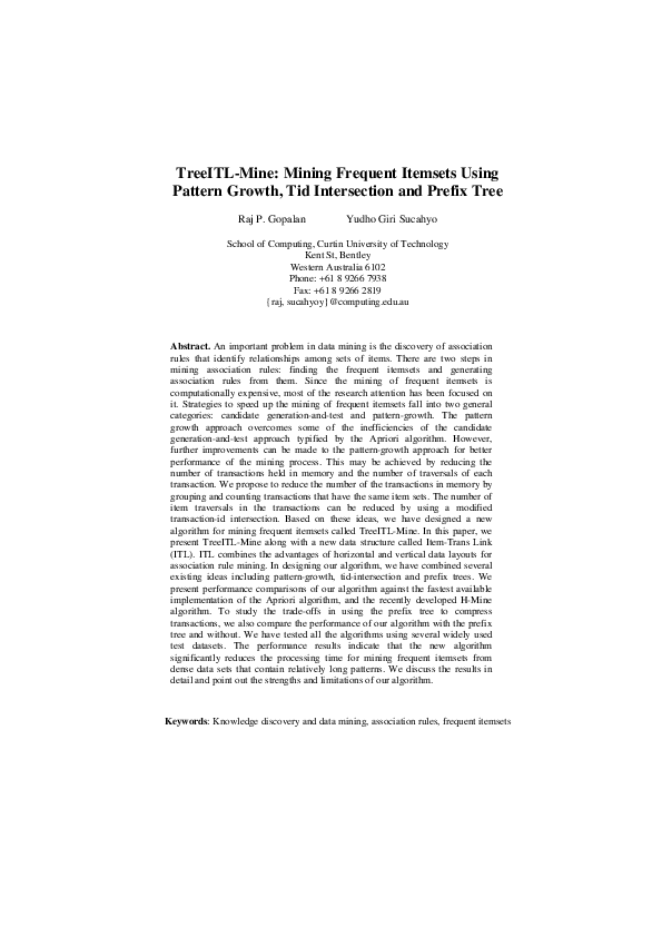 (PDF) TreeITL-Mine: Mining Frequent Itemsets Using Pattern Growth, Tid Intersection, and Prefix Tree