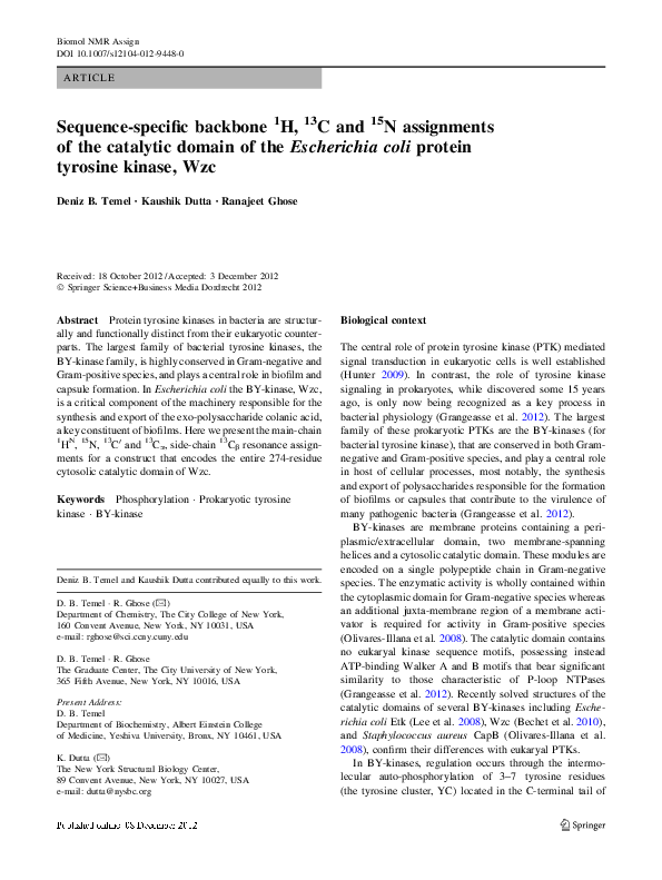 (PDF) Sequence-specific backbone 1H, 13C and 15N assignments of the catalytic domain of the ...