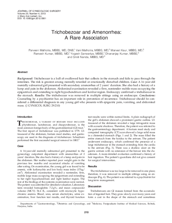 (PDF) Trichobezoar and Amenorrhea: A Rare Association | Parveen ...