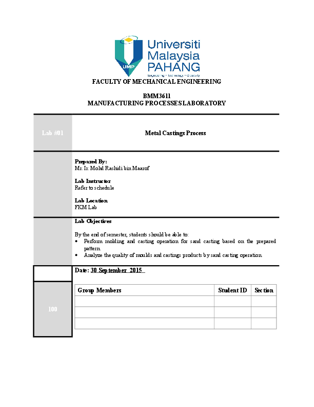 (DOC) Casting Manufacturing Lab Report