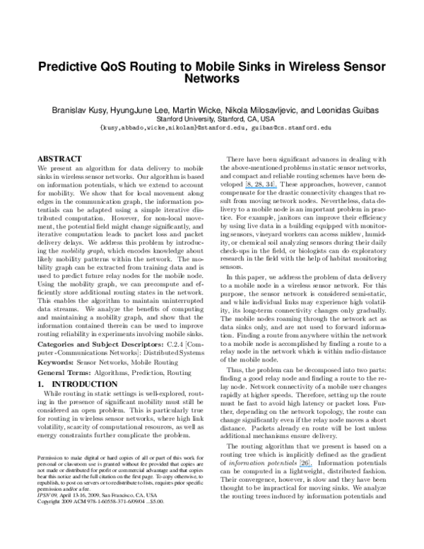 (PDF) Predictive QoS routing to mobile sinks in wireless sensor networks