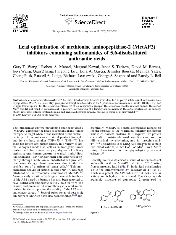 (PDF) Optimizing MetAP2 Inhibitors with Sulfonamides