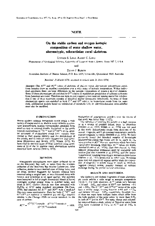 (PDF) On the stable carbon and oxygen isotopic composition of some shallow water, ahermatypic ...