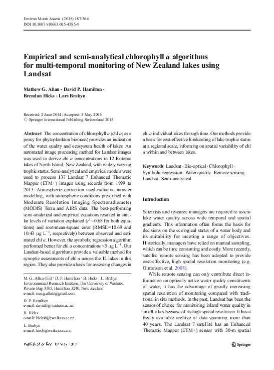 Pdf Empirical And Semi Analytical Chlorophyll A Algorithms For Multi
