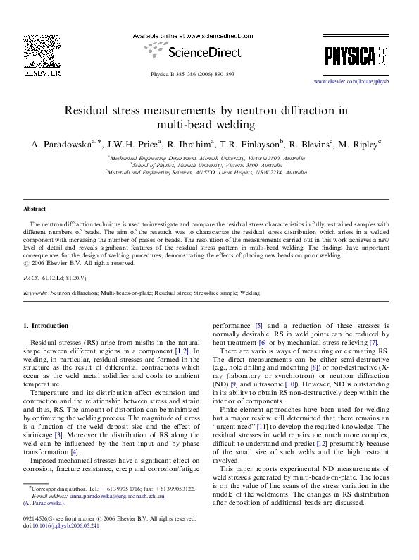 (PDF) Residual stress measurements by neutron diffraction in multi-bead welding