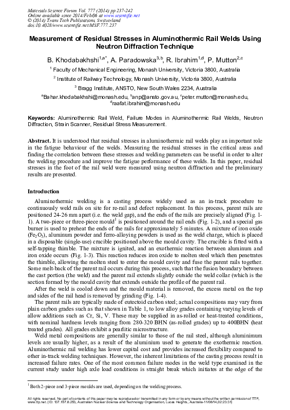 (PDF) Measurement of Residual Stresses in Aluminothermic Rail Welds Using Neutron Diffraction ...