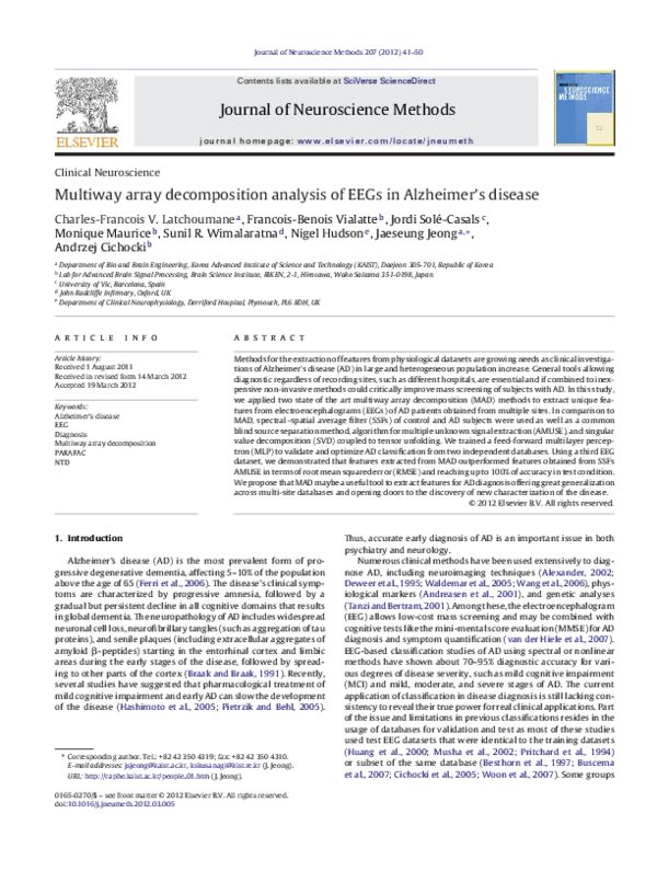 Pdf Multiway Array Decomposition Analysis Of Eegs In Alzheimer S Disease