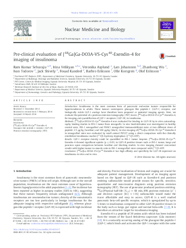 (PDF) Pre-clinical evaluation of [68Ga]Ga-DO3A-VS-Cys40-Exendin-4 for imaging of insulinoma