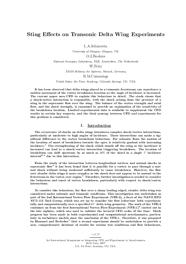 (PDF) Sting Effects on Transonic Delta Wing Experiments | Russell Cummings - Academia.edu