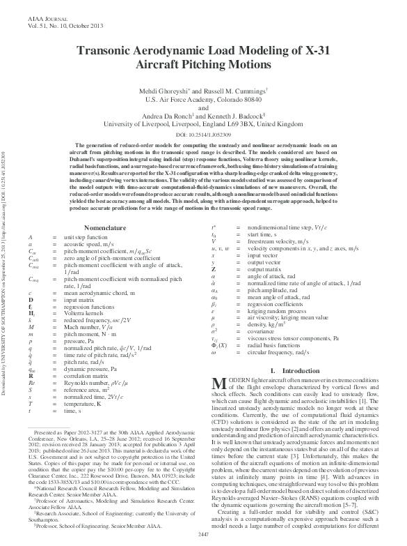 (PDF) Transonic Aerodynamic Load Modeling of X-31 Aircraft Pitching Motions
