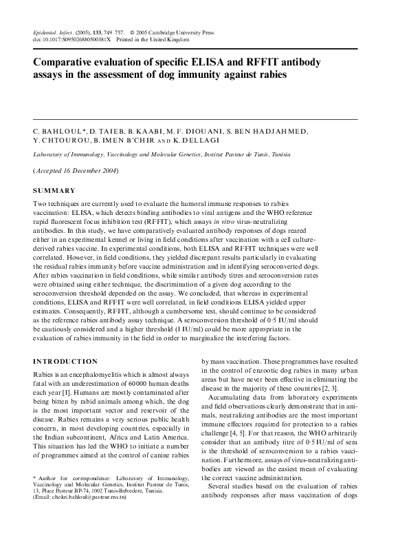 (PDF) Comparative evaluation of specific ELISA and RFFIT antibody ...