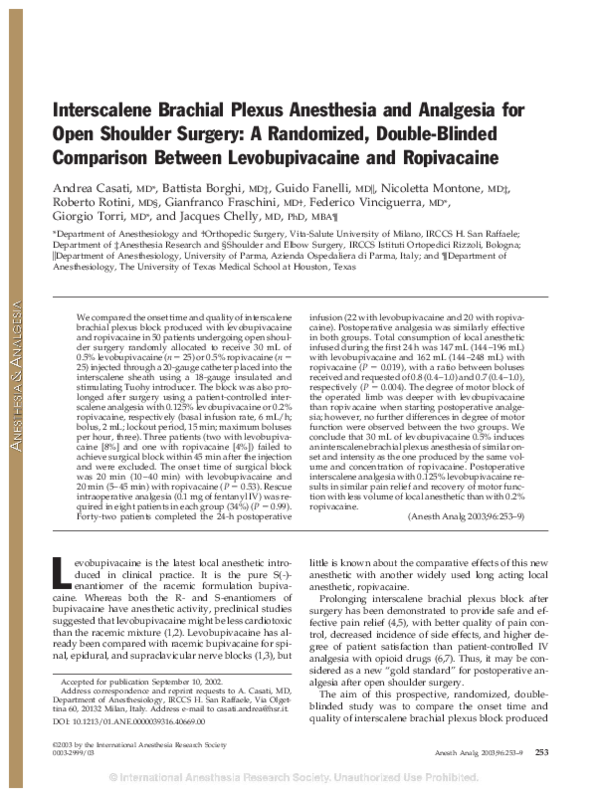 (PDF) Interscalene Brachial Plexus Anesthesia and Analgesia for Open ...