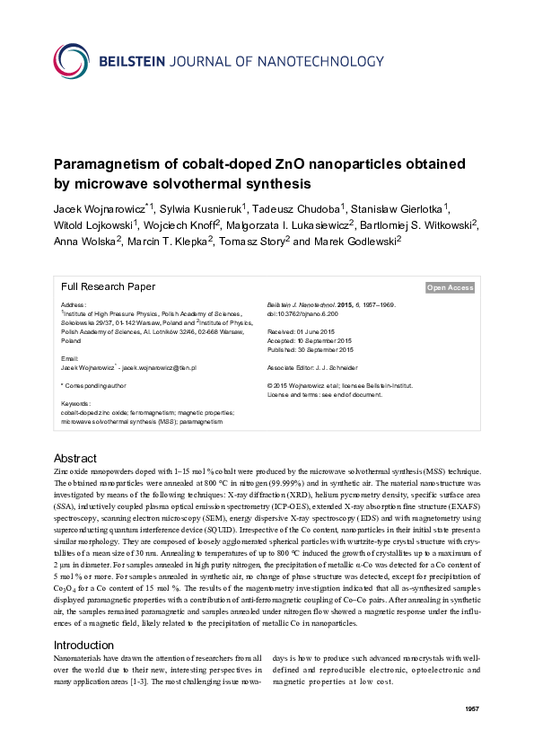 Paramagnetism of cobalt-doped ZnO nanoparticles obtained by microwave ...