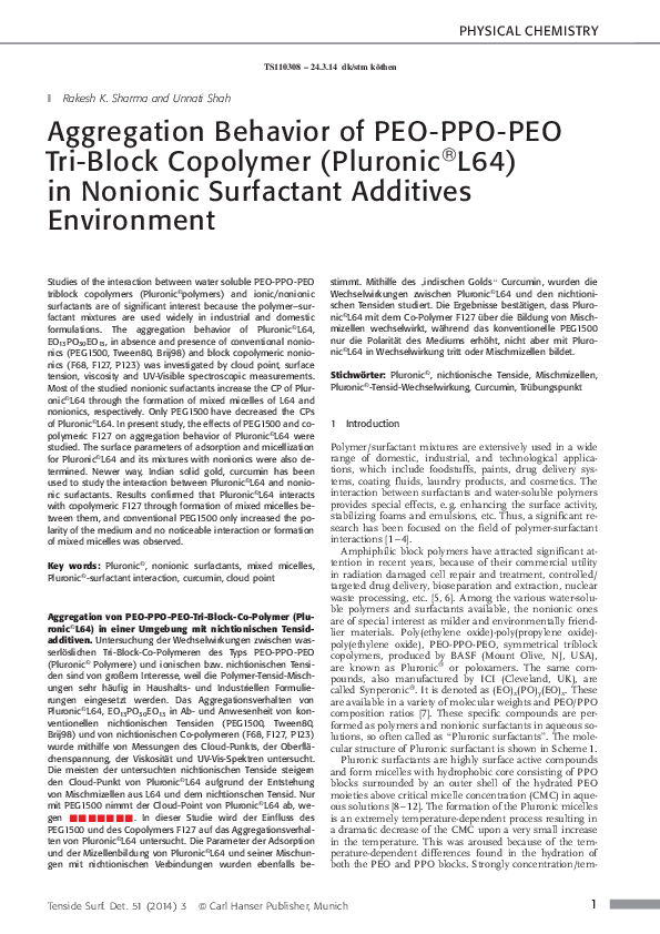 (PDF) Aggregation behaviour of PEO-PPO-PEO Tri-Block copolymer ...