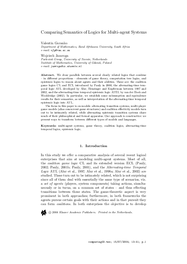 (PDF) Comparing Semantics of Logics eor Multi-Agent Systems