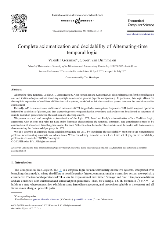 (PDF) Complete axiomatization and decidability of Alternating-time temporal logic