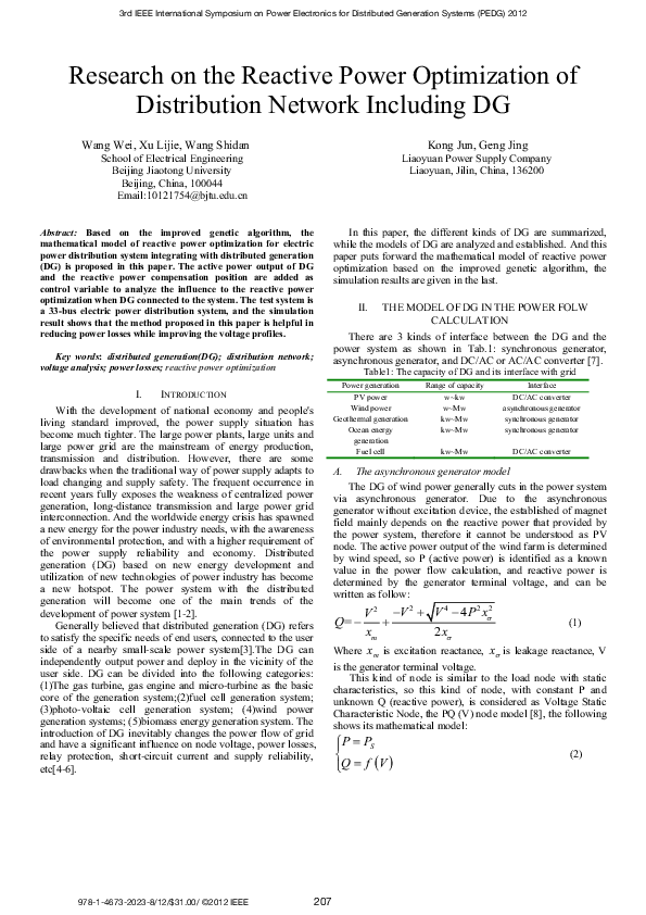 Pdf Research On The Reactive Power Optimization Of Distribution Network Including Dg Sandip