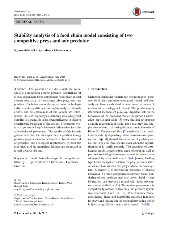 (PDF) Stability analysis of a food chain model consisting of two ...