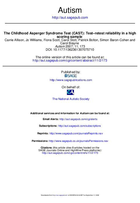 (PDF) The Childhood Asperger Syndrome Test (CAST): Test-retest ...