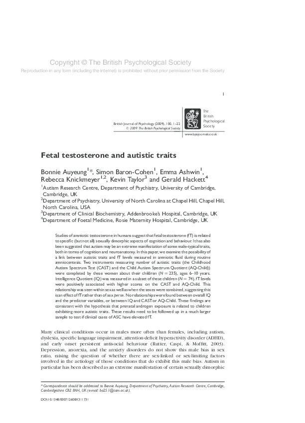(PDF) Fetal testosterone and autistic traits