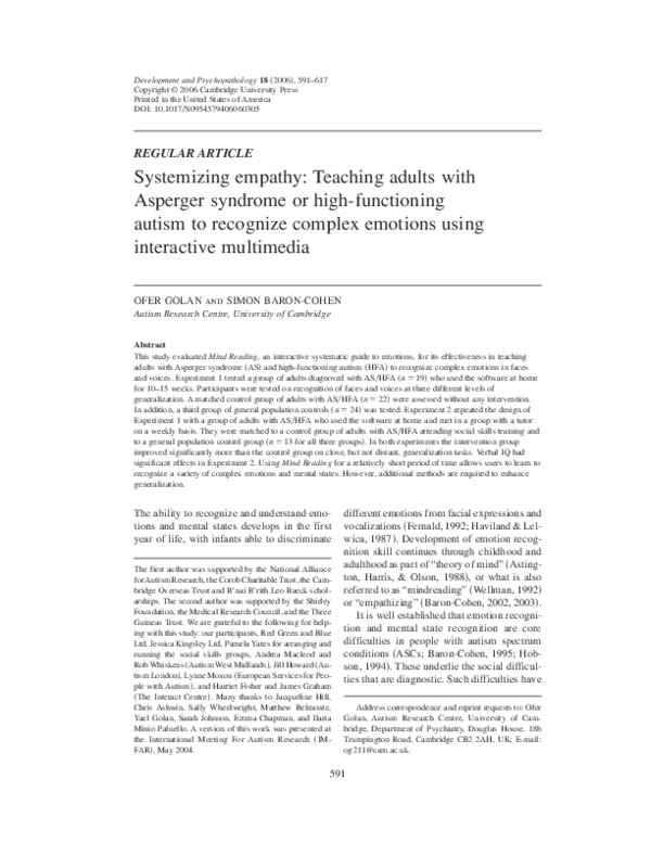 (PDF) Systemizing empathy: Teaching adults with Asperger syndrome or ...