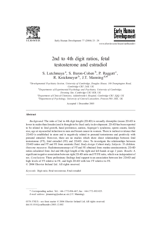 (PDF) 2nd to 4th digit ratios, fetal testosterone and estradiol
