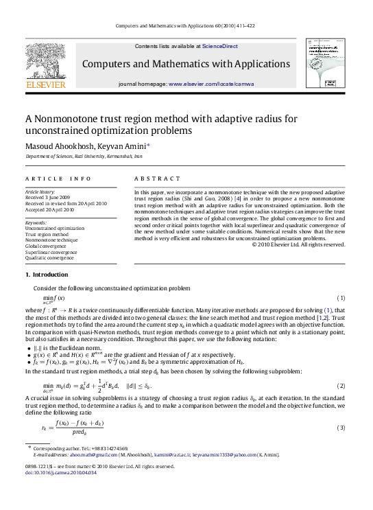 Pdf A Nonmonotone Trust Region Method With Adaptive Radius For Unconstrained Optimization