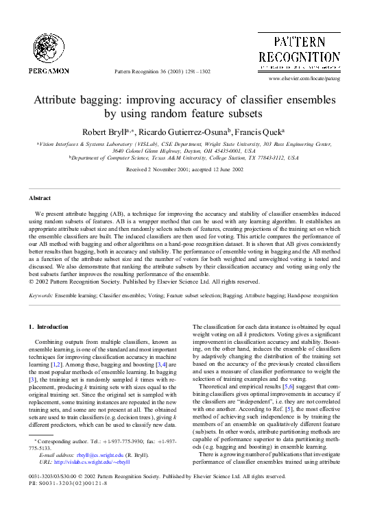 (PDF) Attribute bagging: improving accuracy of classifier ensembles by using random feature subsets