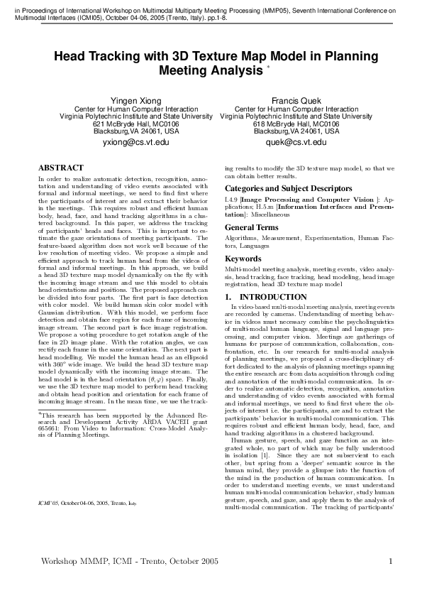 (PDF) Head Tracking with 3D Texture Map Model in Planning Meeting Analysis