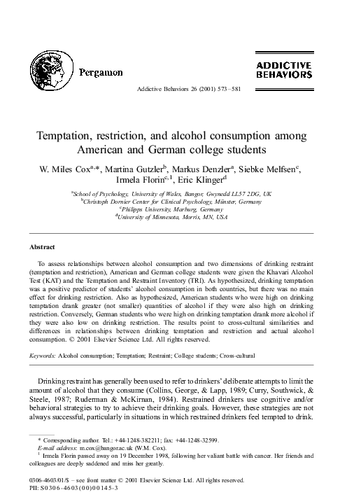 (PDF) Temptation, restriction, and alcohol consumption among American ...