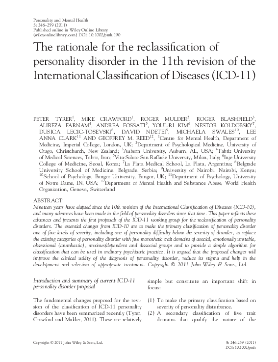 (PDF) The rationale for the reclassification of personality disorder in ...
