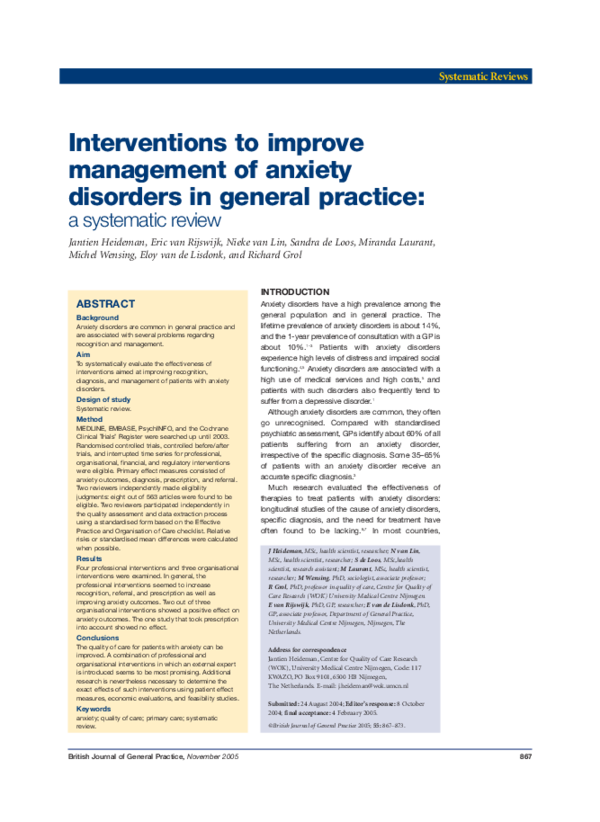 (PDF) Interventions to improve management of anxiety disorders in ...