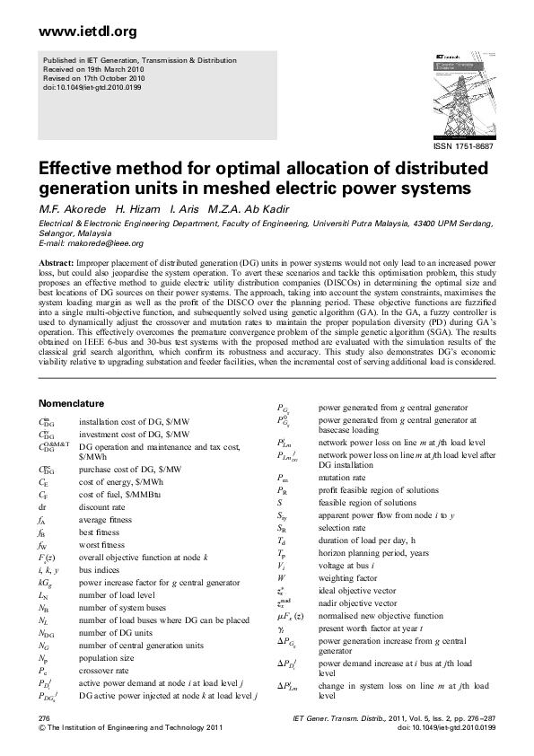 (PDF) Effective method for optimal allocation of distributed generation units in meshed electric ...
