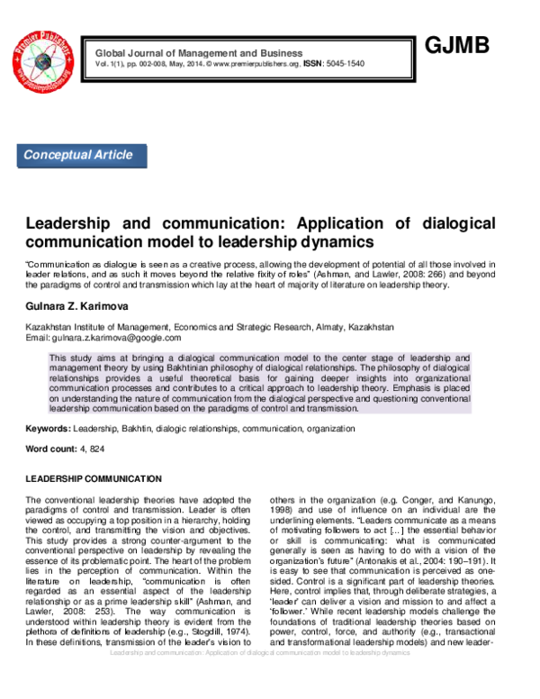 Pdf Leadership And Communication Application Of Dialogical Communication Model To Leadership