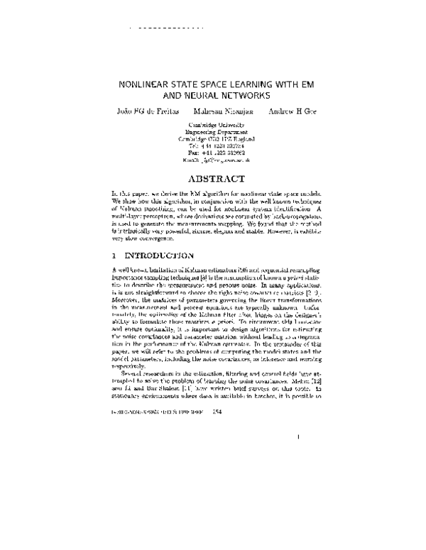 Pdf Nonlinear State Space Learning With Em And Neural Networks