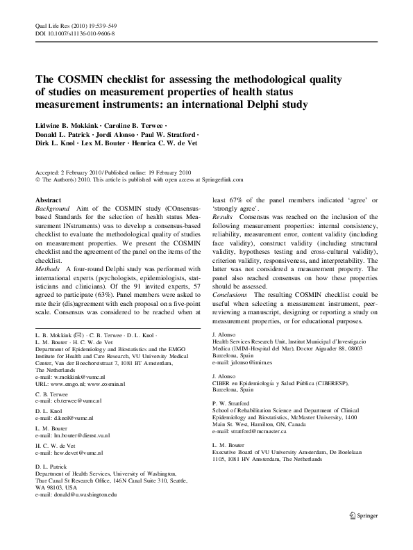 (PDF) The COSMIN checklist for assessing the methodological quality of ...