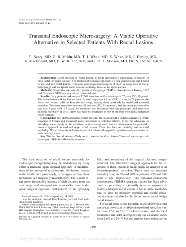 (PDF) Transanal Endoscopic Microsurgery: A Viable Operative Alternative in Selected Patients ...